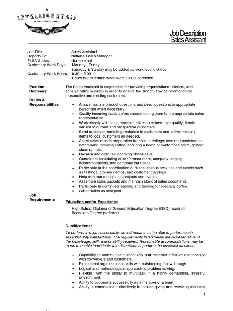 Job Description Sales Assistant: Position Duties & Responsibilities ...