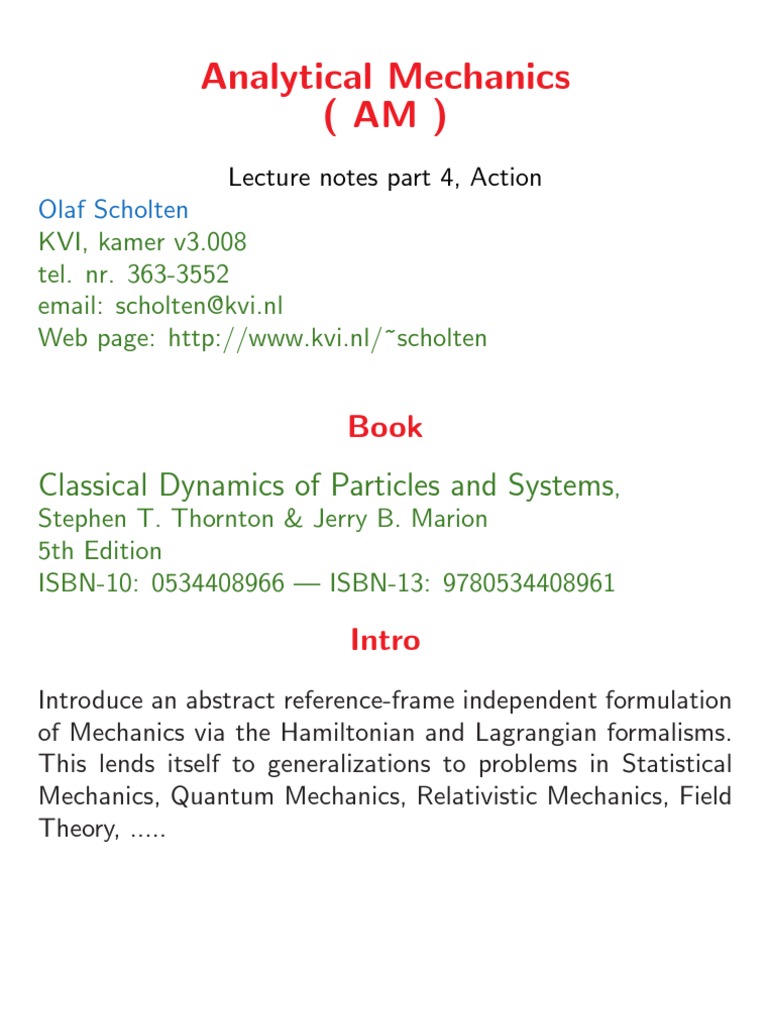 Analytical Mechanics (AM) : Classical Dynamics of Particles and Systems ...