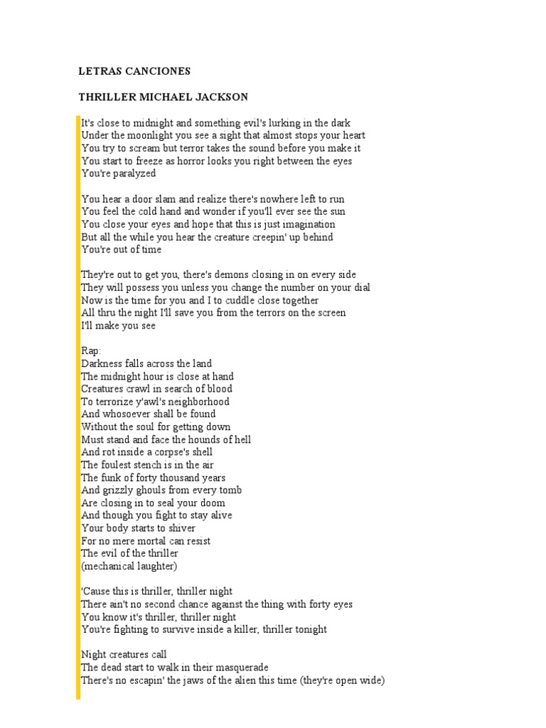 LETRAS CANCIONES Inglés | PDF | Thriller (Genre) | Leisure