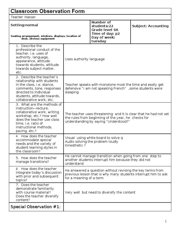 Classroom Observation Form Hassan 1 | PDF | Career & Growth | Language ...