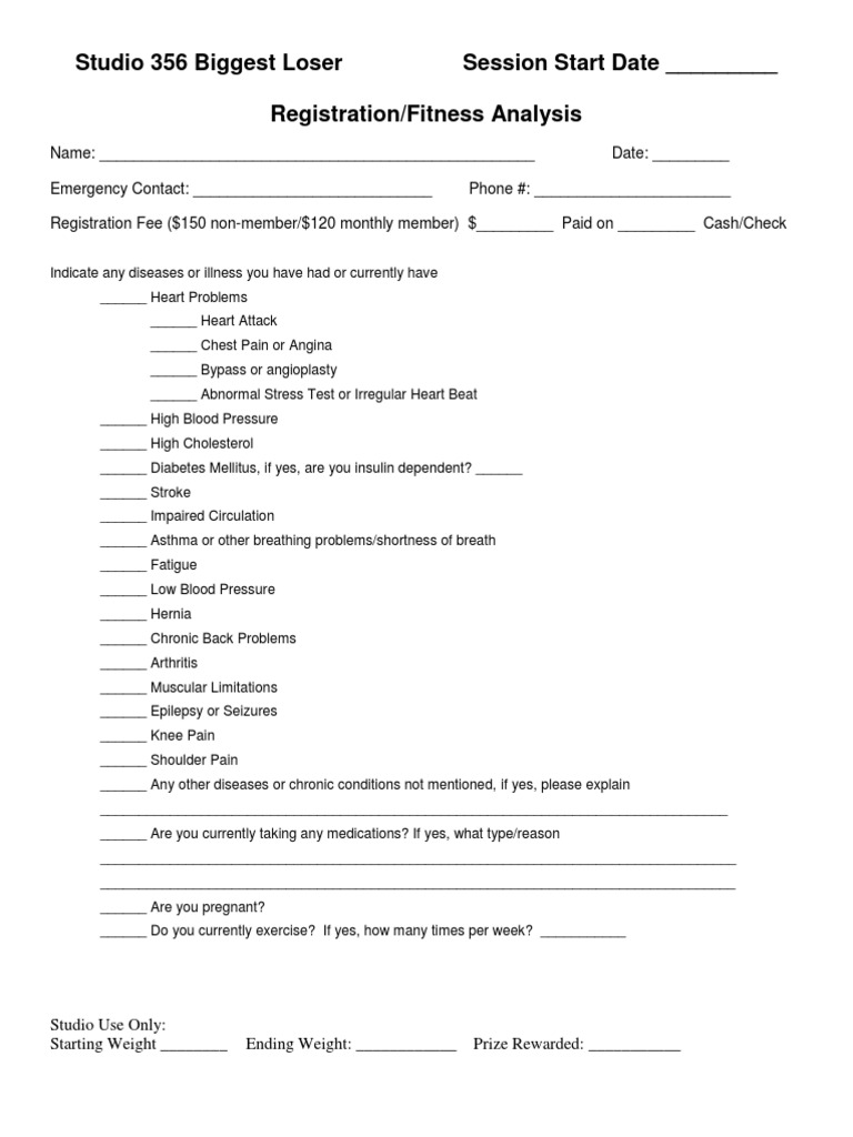 Studio 356 Biggest Loser Registration | PDF | Angina Pectoris ...