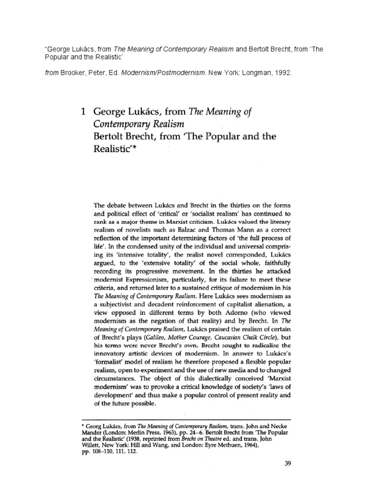 George Lukacs, From the Meaning of Contemporary Realism and Bertolt ...