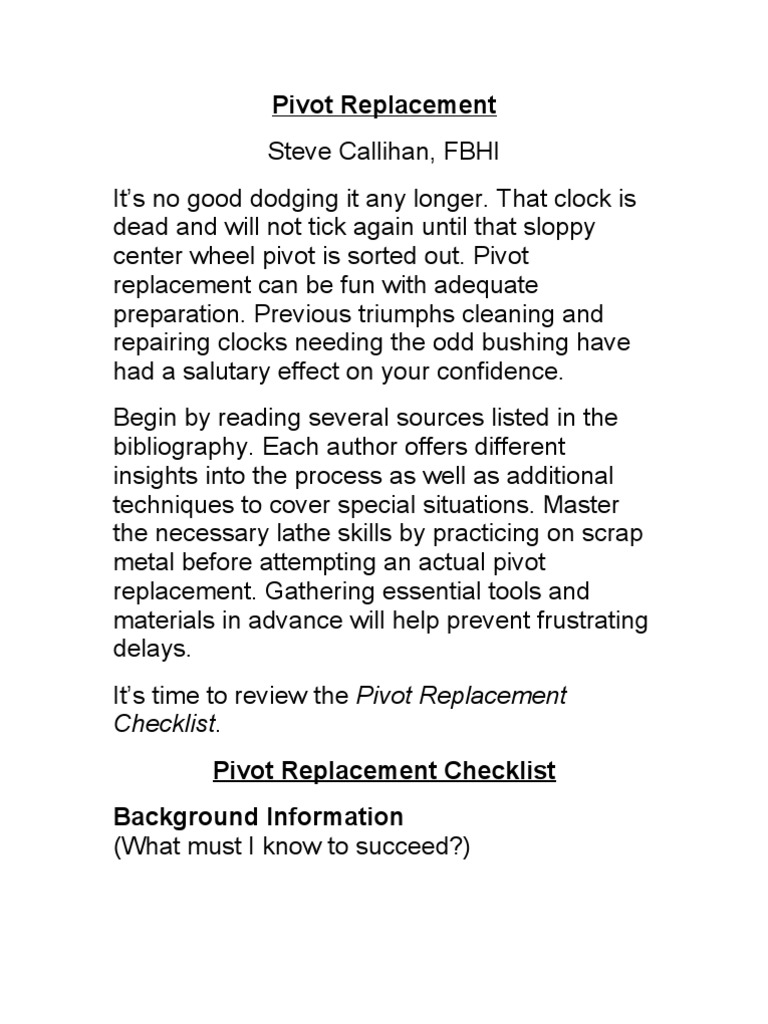 Pivot Replacement: Checklist | PDF | Drill | Clock