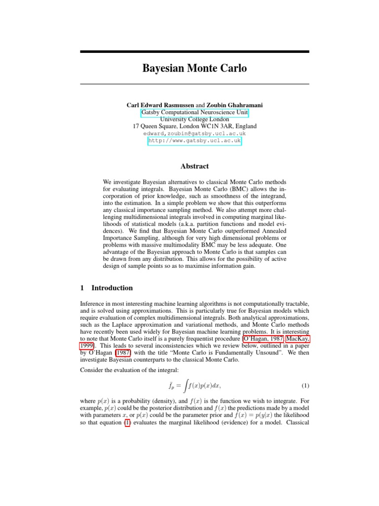 Bayesian Monte Carlo: Carl Edward Rasmussen and Zoubin Ghahramani | PDF ...