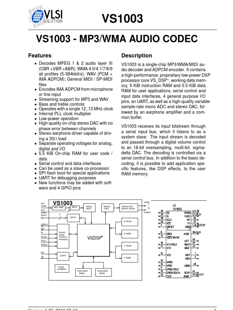 VS1003B Datasheet | PDF | Signal To Noise Ratio | Codec