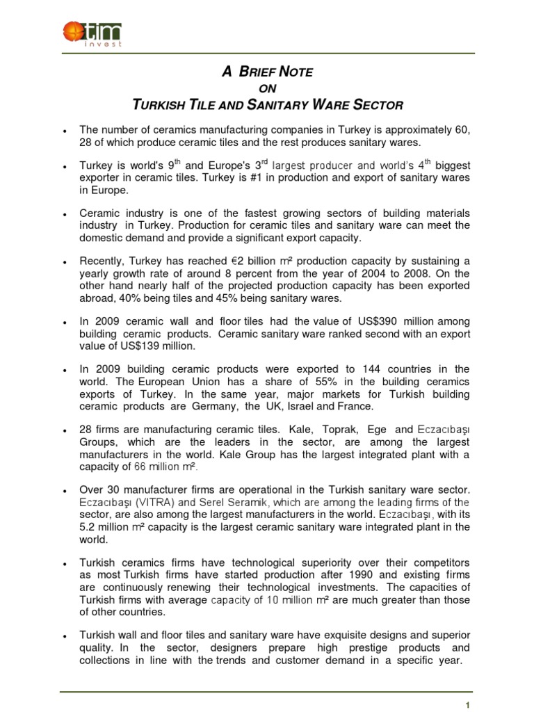 A Brief Note On Turkish Tile and Sanitary Ware Sector PDF | PDF ...