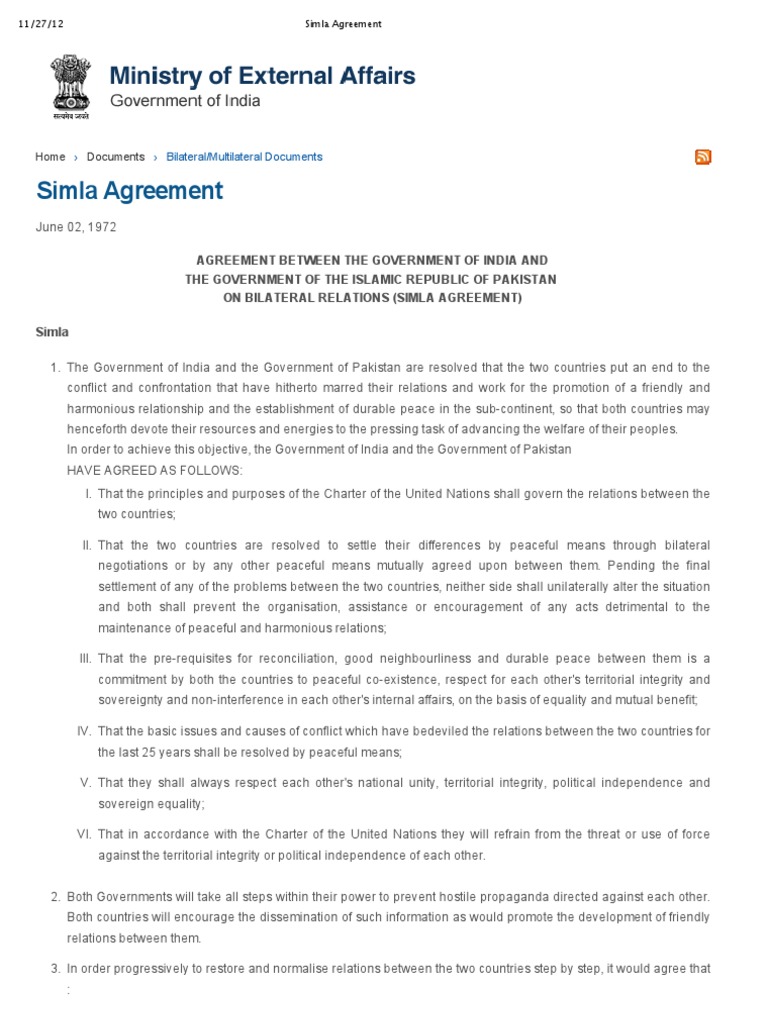 Simla Agreement | PDF | Sovereignty | Pakistan