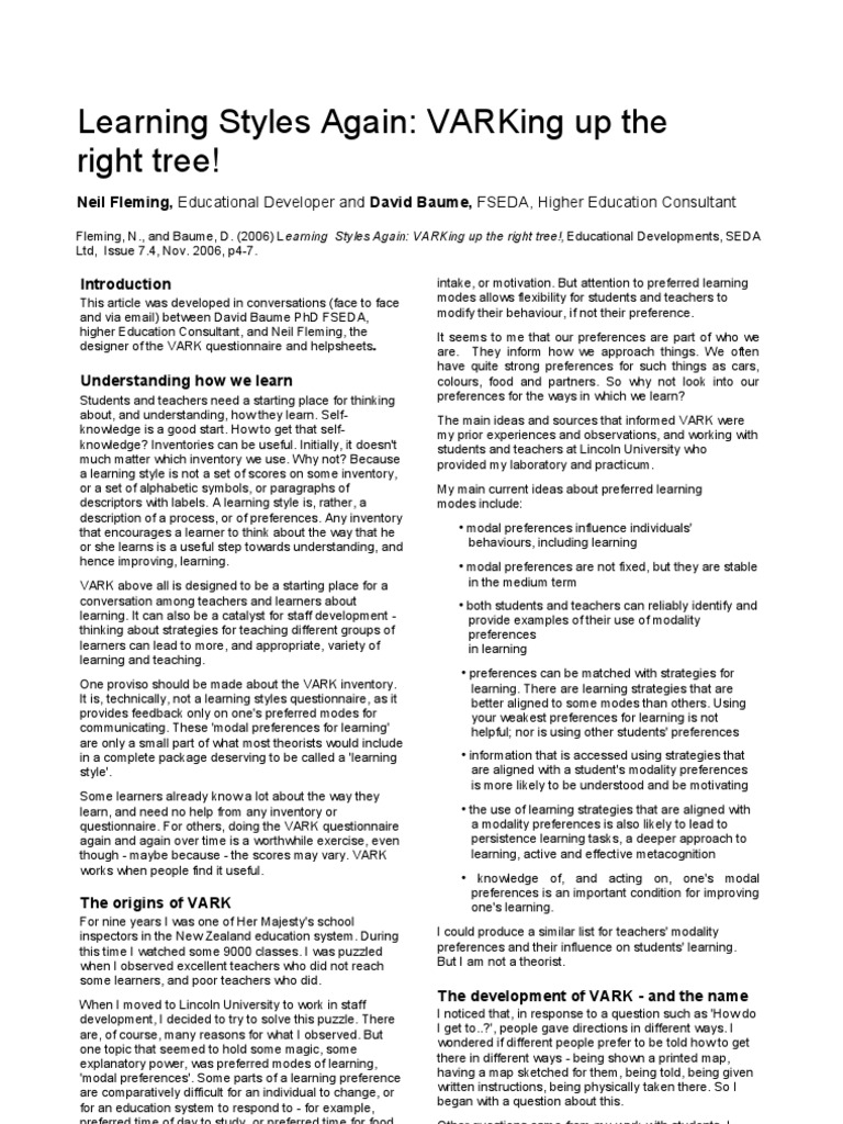 Learning Styles Again: VARKing Up The Right Tree! Neil | PDF | Learning ...