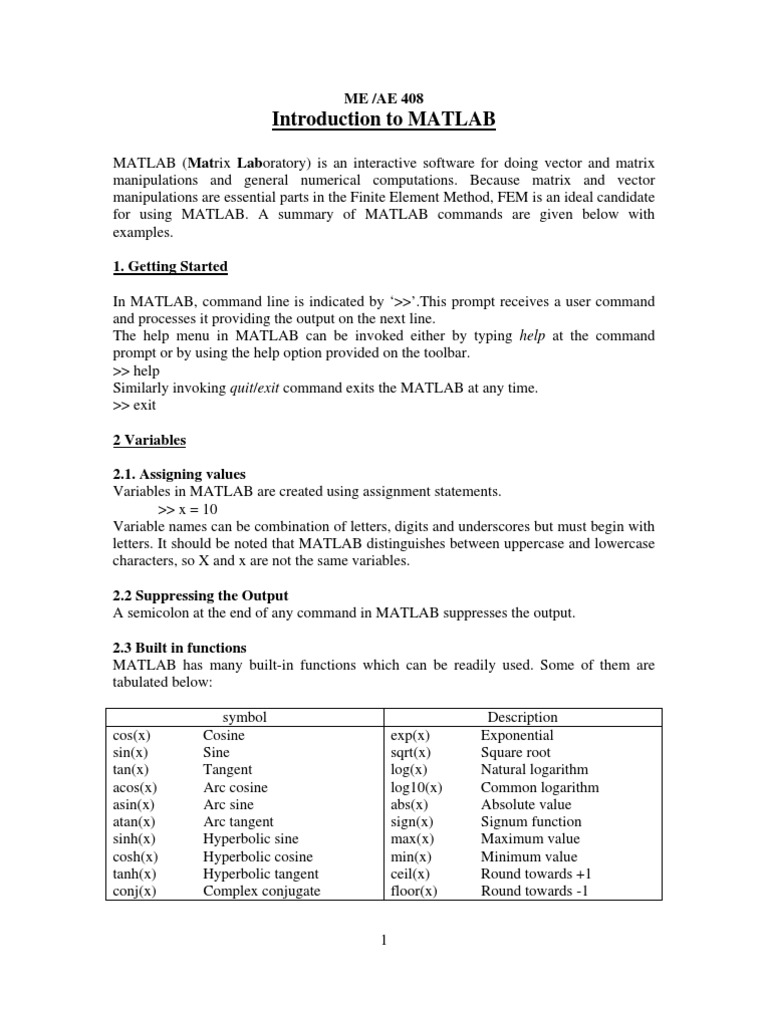 Intoduction To MATLAB | PDF | Matrix (Mathematics) | Subroutine
