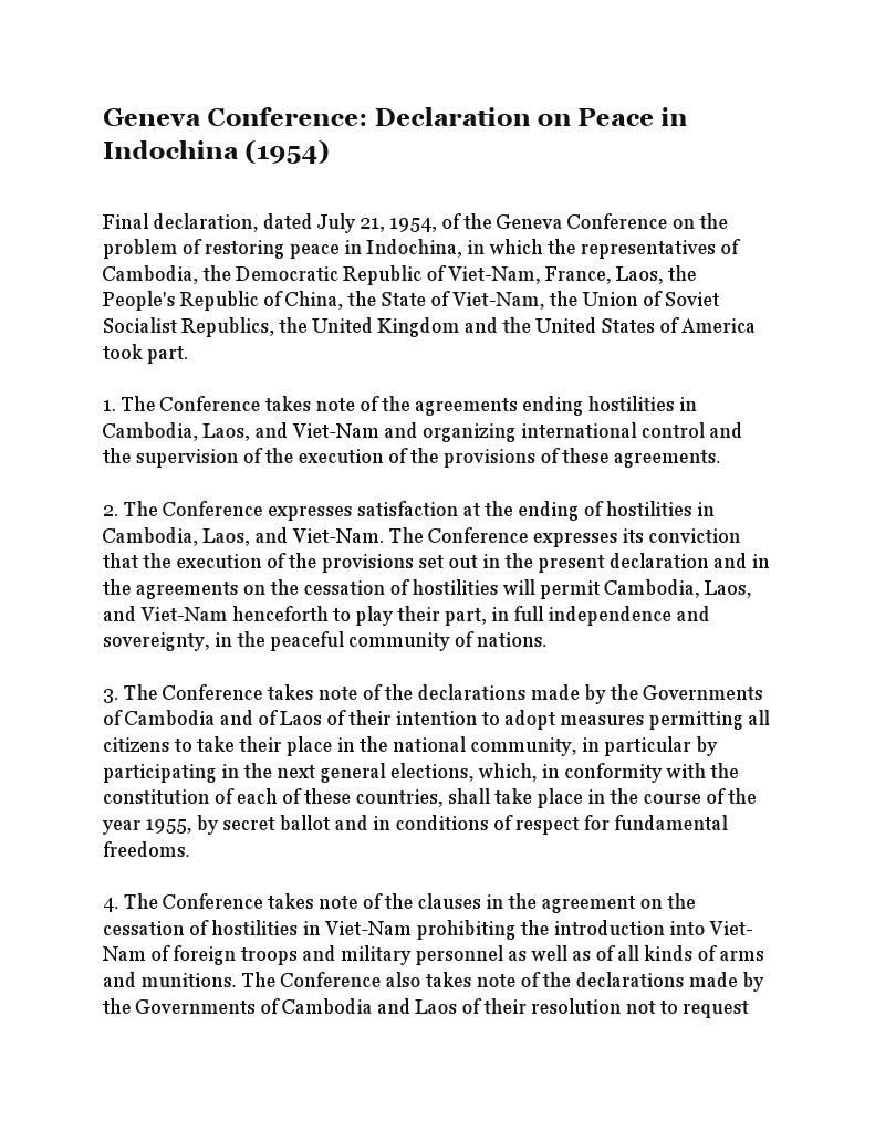 Geneva Conference: Declaration On Peace in Indochina (1954) | PDF ...