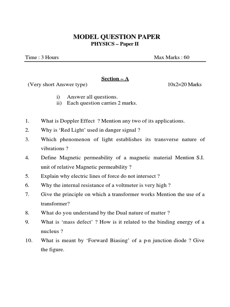 2nd Year Physics Model Question Paper | PDF | Electromagnetism ...
