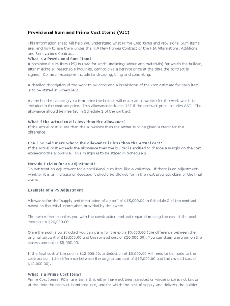 Provisional Sum and Prime Cost Items | PDF | Cost | Prices