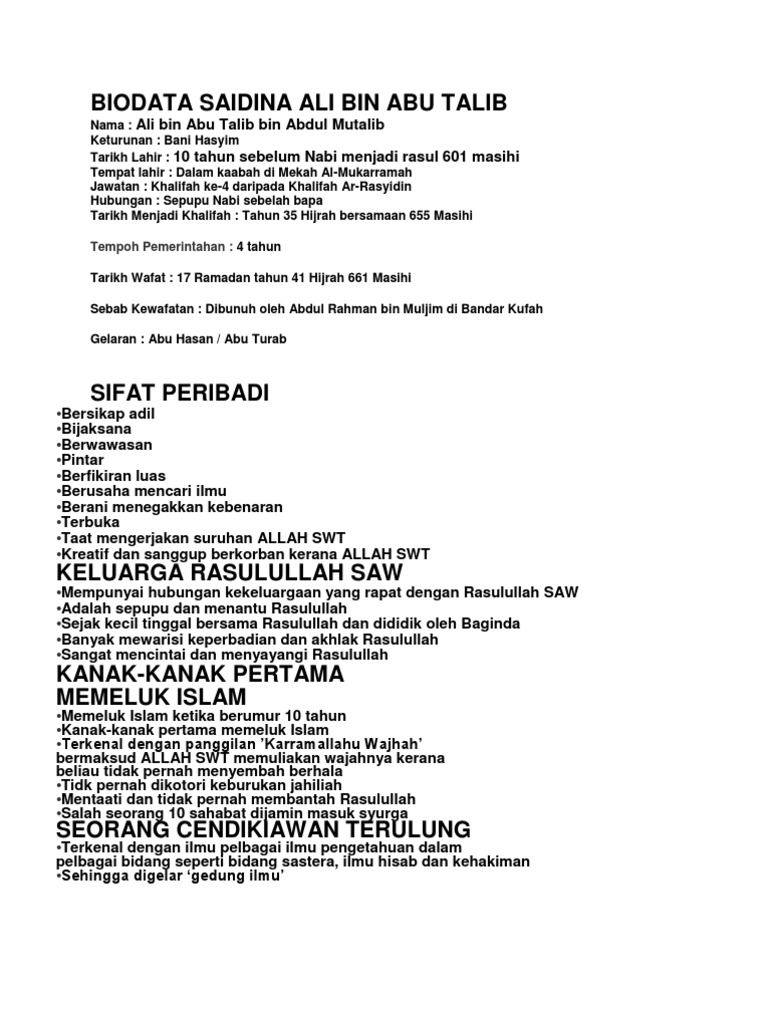 Biodata Saidina Ali Bin Abu Talib | PDF