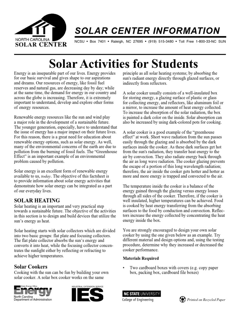 Solar Activities For Students | PDF | Battery (Electricity) | Solar Energy