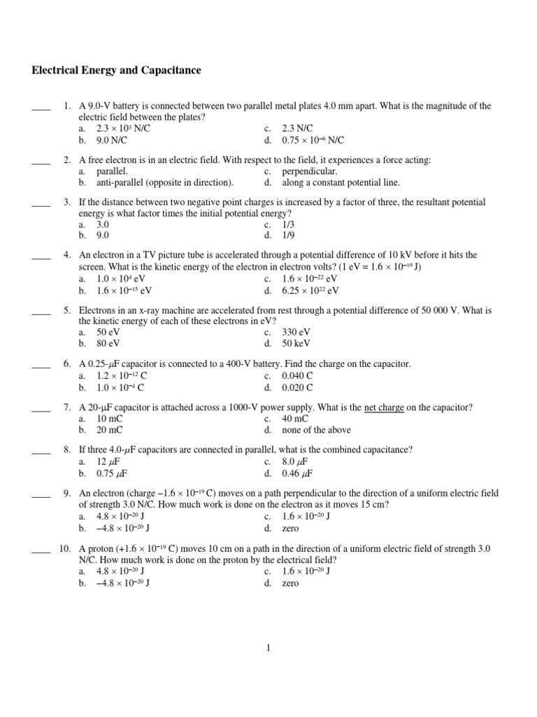 Electrical Energy & Capacitance Quiz | PDF | Electronvolt | Capacitor