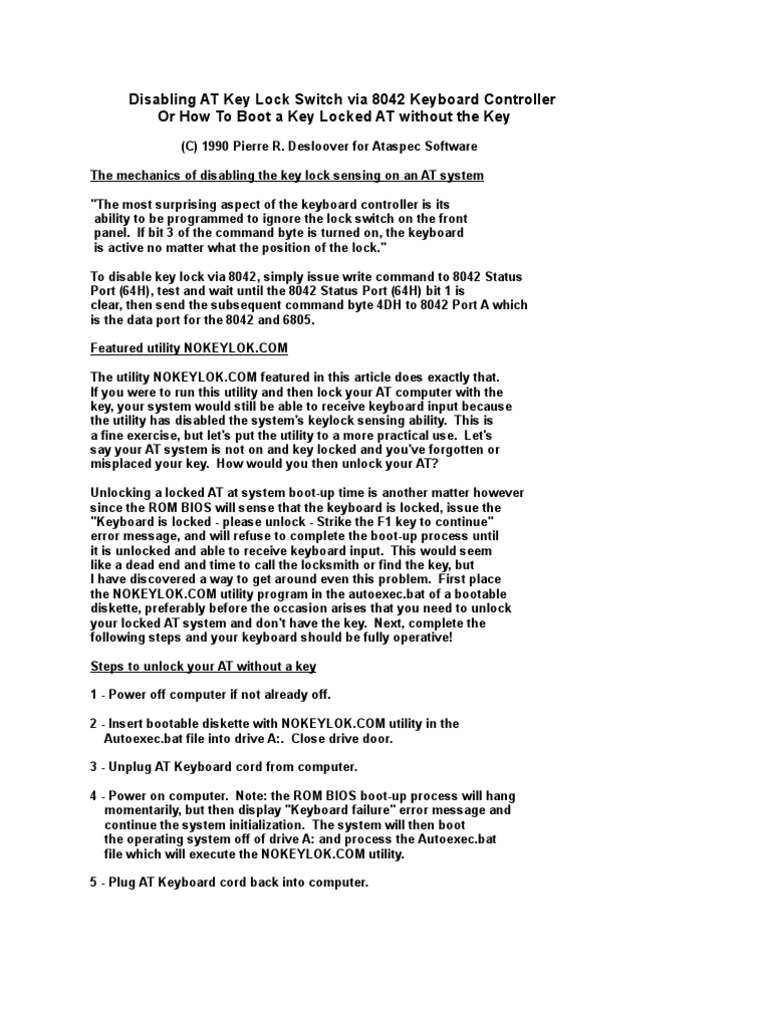 Disabling AT Key Lock Switch Via 8042 Keyboard Controller | PDF ...