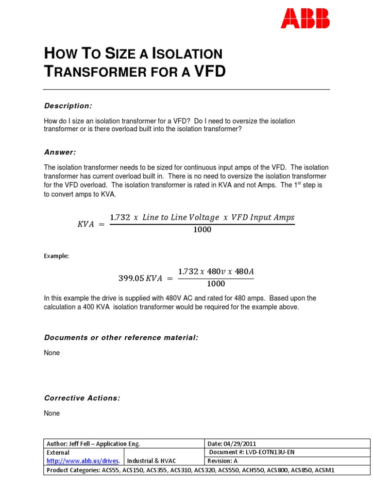 VFD Isolation Trafo Sizing | PDF