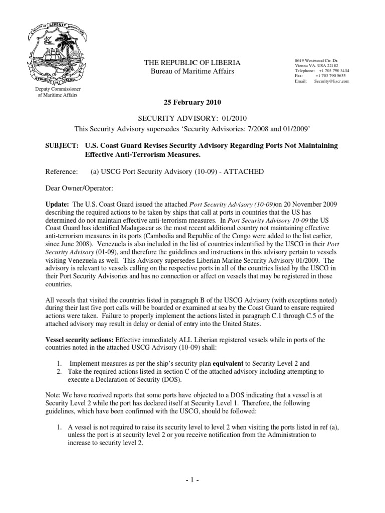 U.S. Coast Guard Revises Security Advisory Regarding Ports Not ...