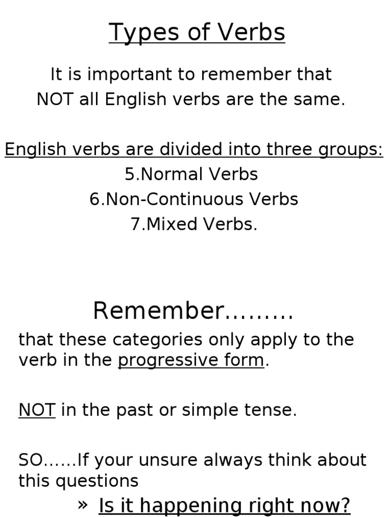 ESL Lesson: Types of Verbs - in Continuous Tense | PDF | Grammatical ...