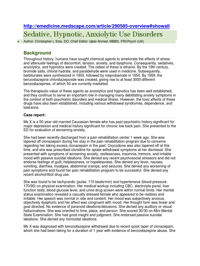 Sedative, Hypnotic, Anxiolytic Use Disorders Overview | PDF ...