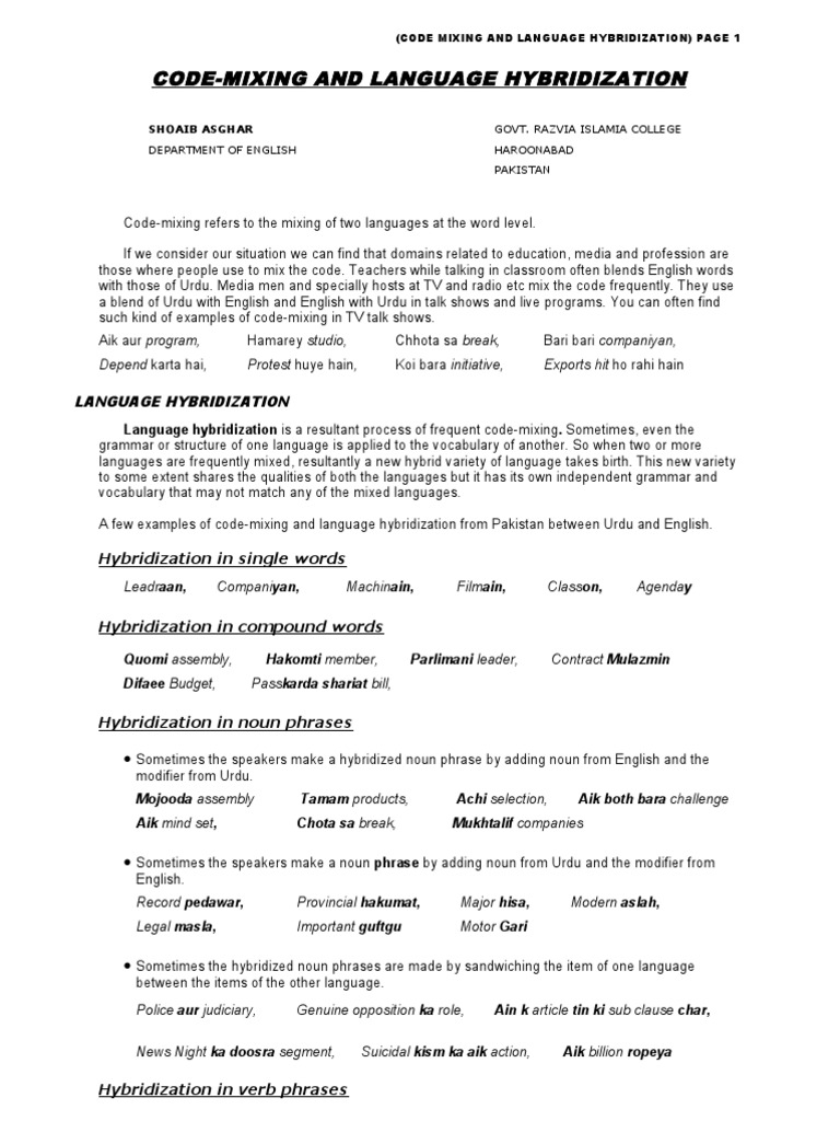 Code Mixing and Language Hybridization | PDF | English Language | Urdu