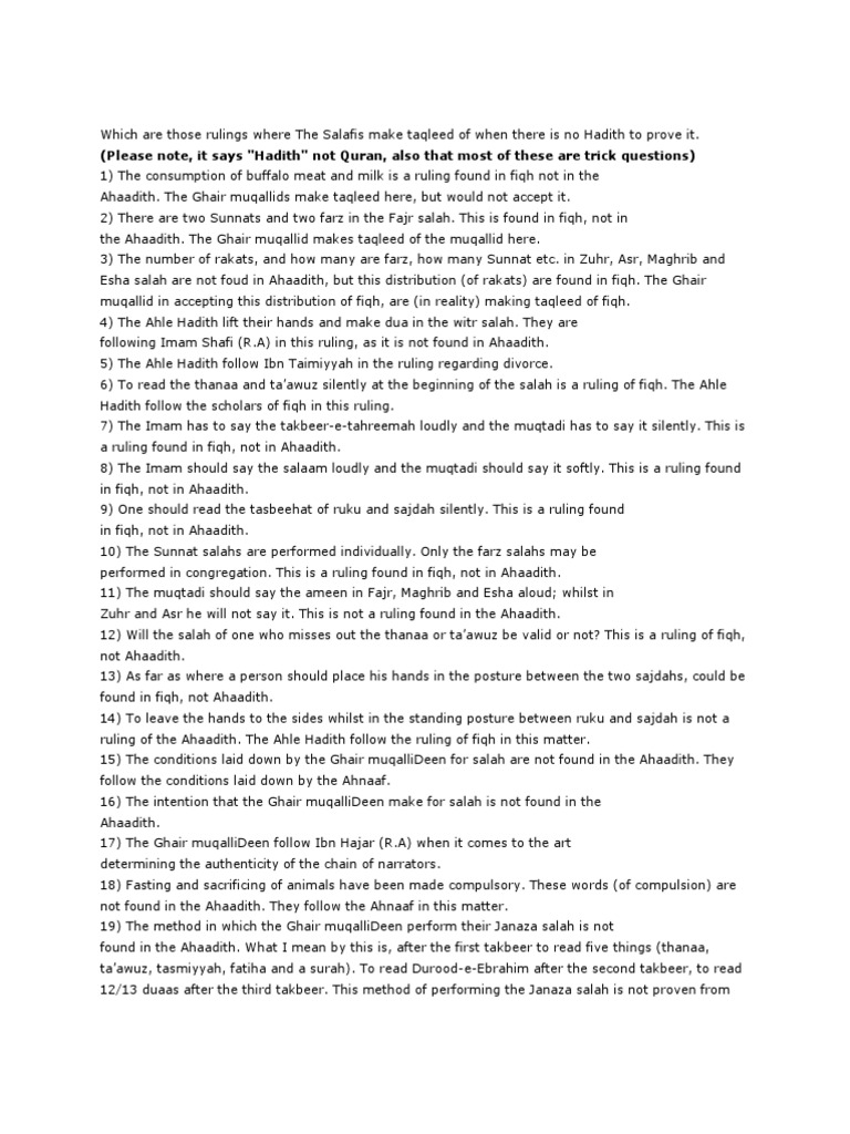 Which Are Those Rulings Where The Salafis Make Taqleed of When There Is ...