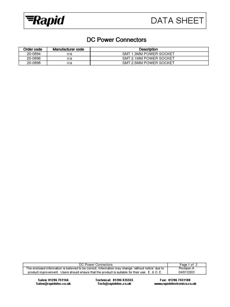 DC Power Connectors Data Sheet | PDF | Computers | Technology & Engineering