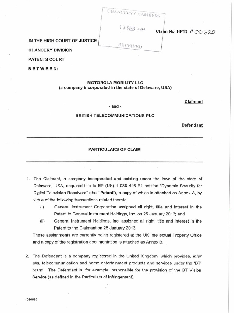 2013.02.13 Particulars of Claim (Stamped) | PDF | Injunction | Patent