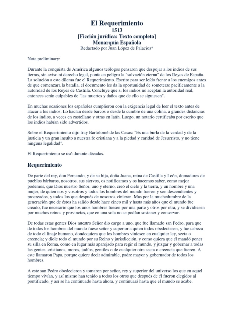 El Requerimiento 1513 [Ficción jurídica: Texto completo] Monarquía ...