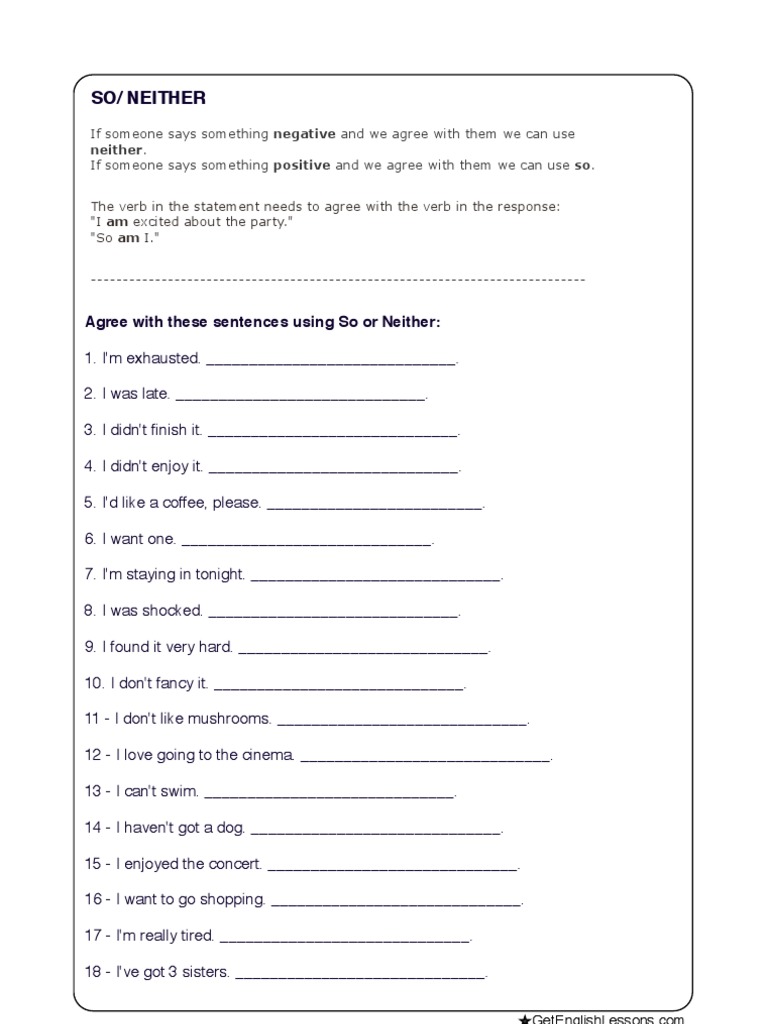 So/ neither grammar worksheet