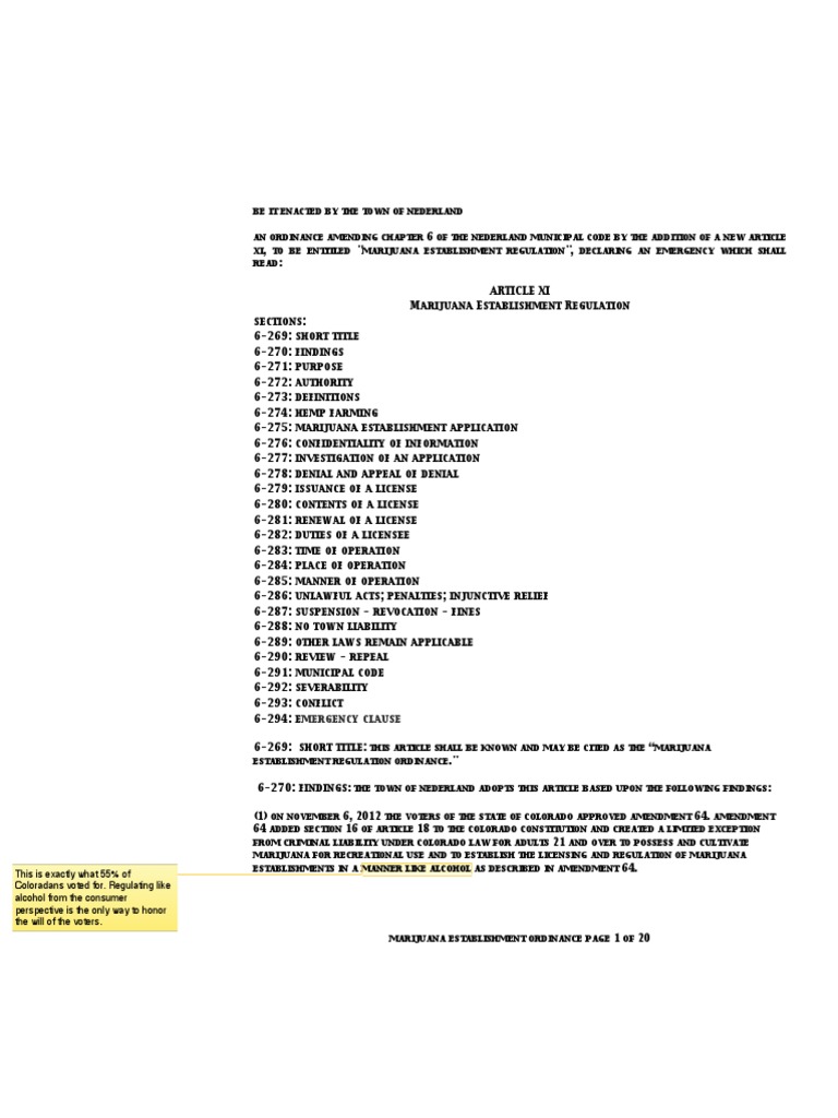 Nederland Marijuana Establishment Regulation Ordinance | PDF | Cannabis ...