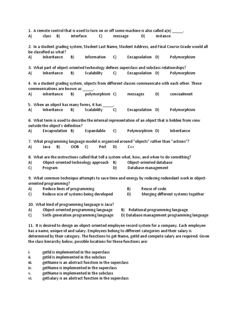 Object Oriented Programming Concepts Quiz Pdf Inheritance Object Oriented Programming