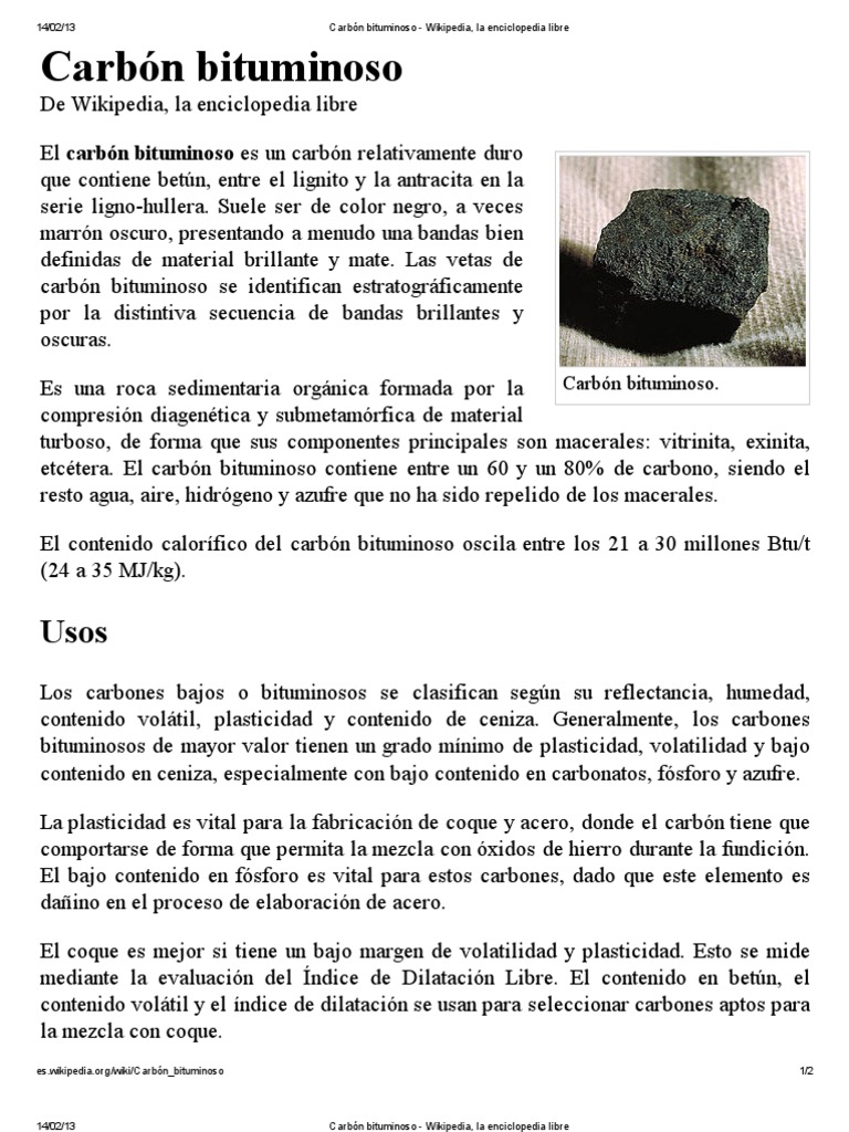 Carbón Bituminoso - Wikipedia, La Enciclopedia Libre | PDF | Asfalto ...