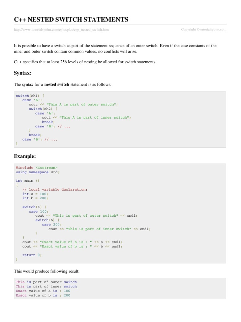 C++ Nested Switch Statements: Syntax | PDF