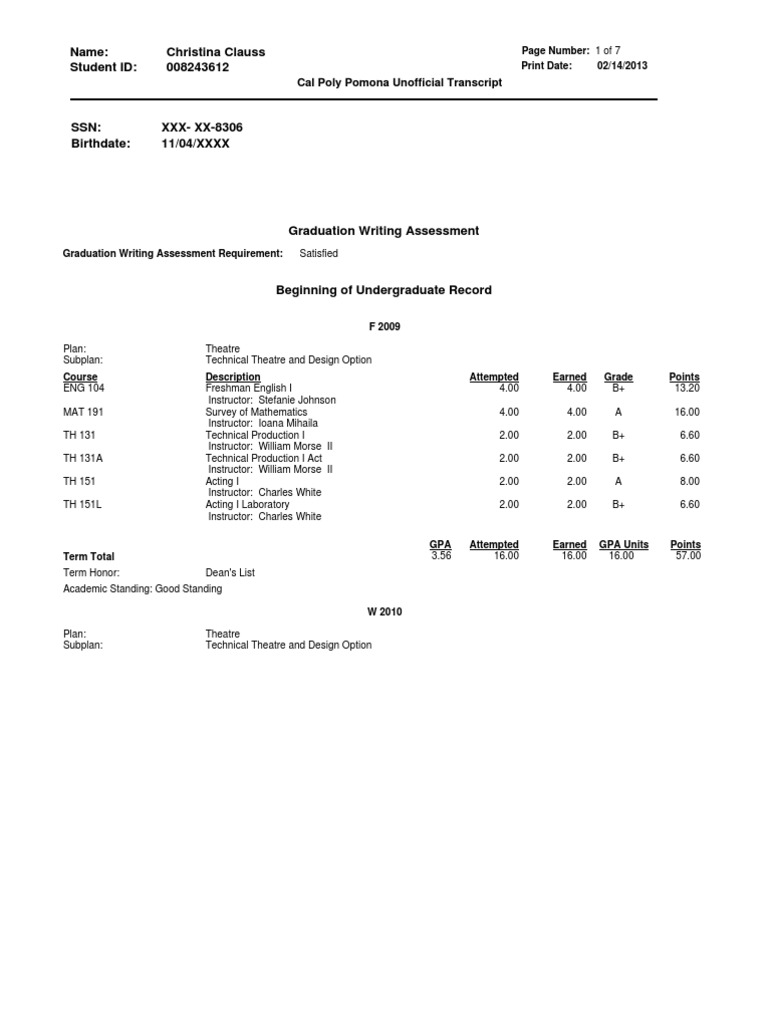 Unofficial Transcript | PDF | Grading (Education) | Academia