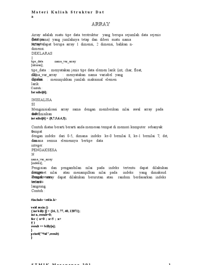 Struktur Data - Array | PDF | Metode & Bahan Ajar | Teknologi & Rekayasa
