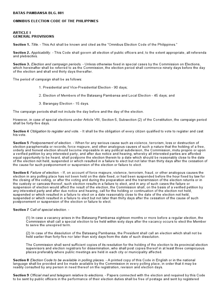 Omnibus Election Code of the Philippines Summary | PDF | Elections ...