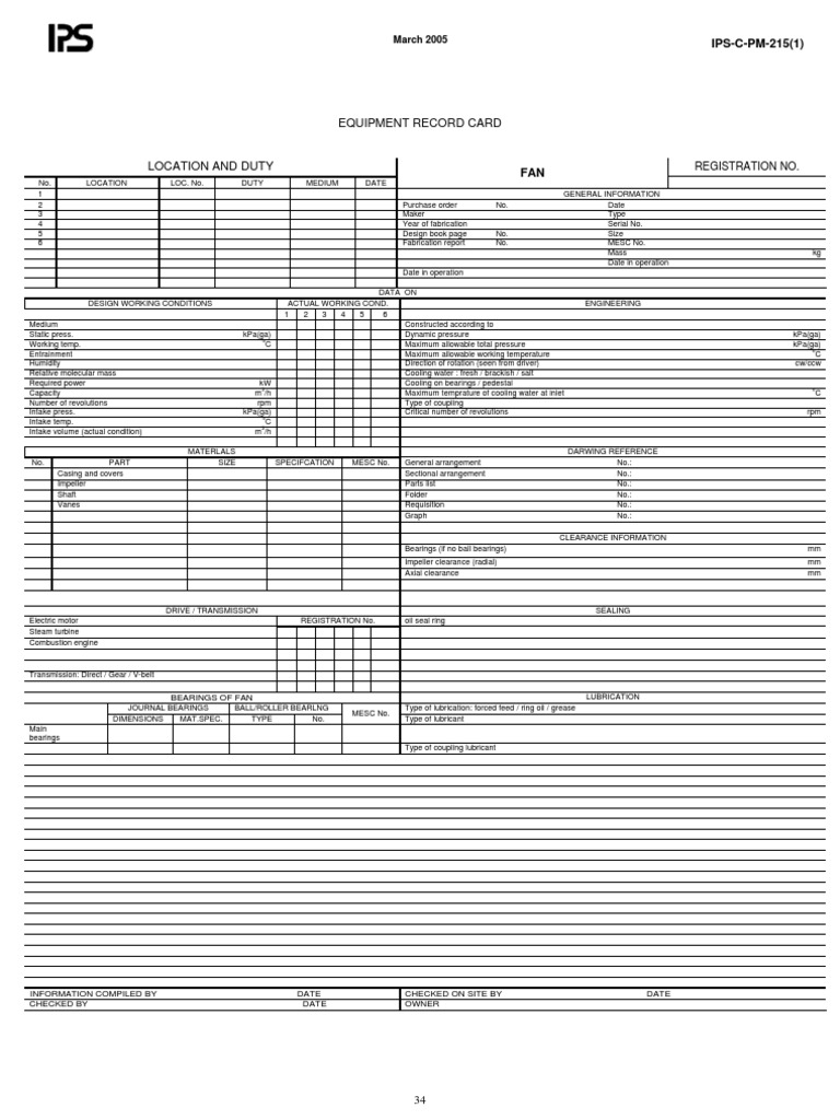 Equipment Record Card: IPS-C-PM-215 | PDF | Bearing (Mechanical ...