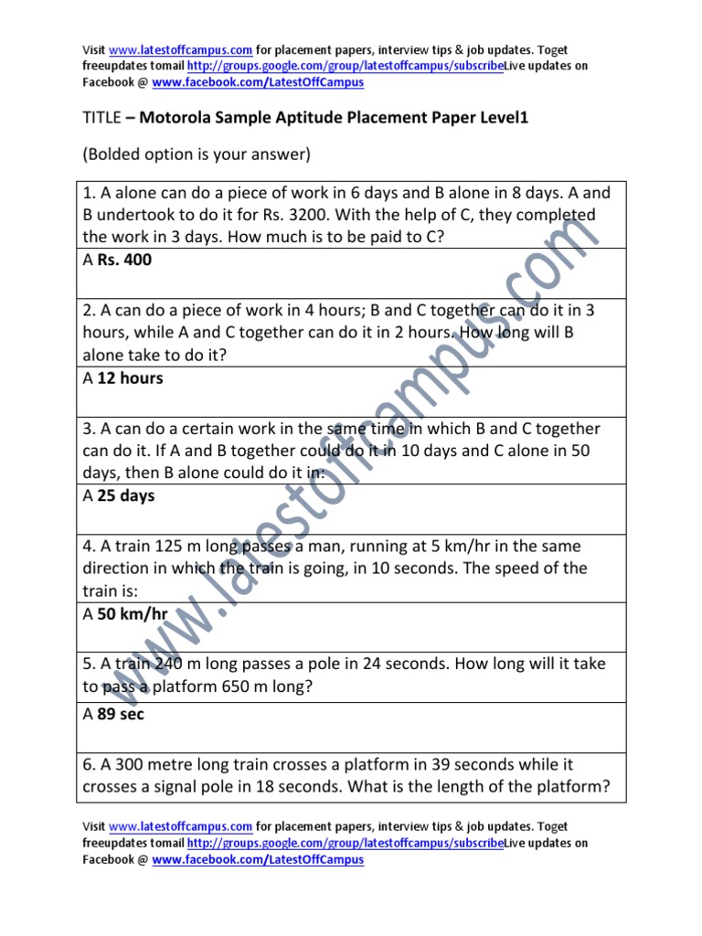 Motorola Sample Aptitude Placement Paper Level1 | PDF | Market ...