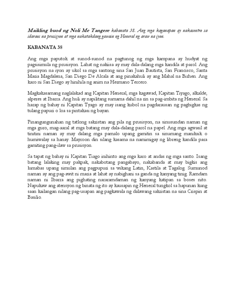Maikling Buod NG Noli Me Tangere Kabanata 38 | PDF
