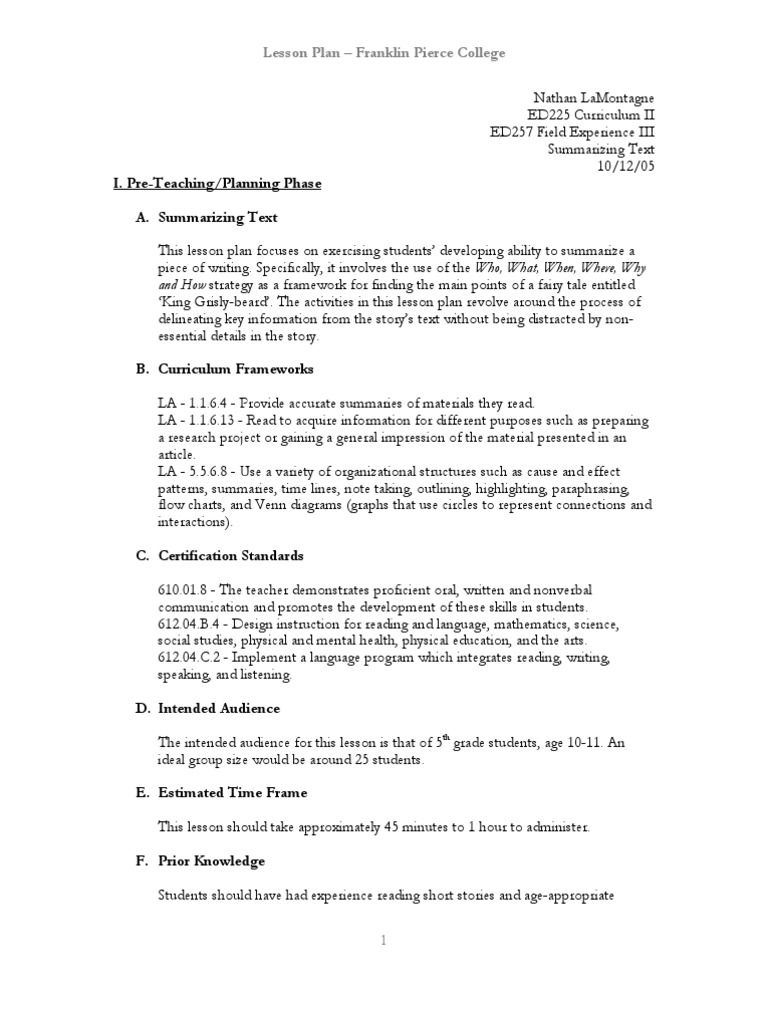 5th Grade Summarizing Lesson Plan | PDF | Lesson Plan | Cognition