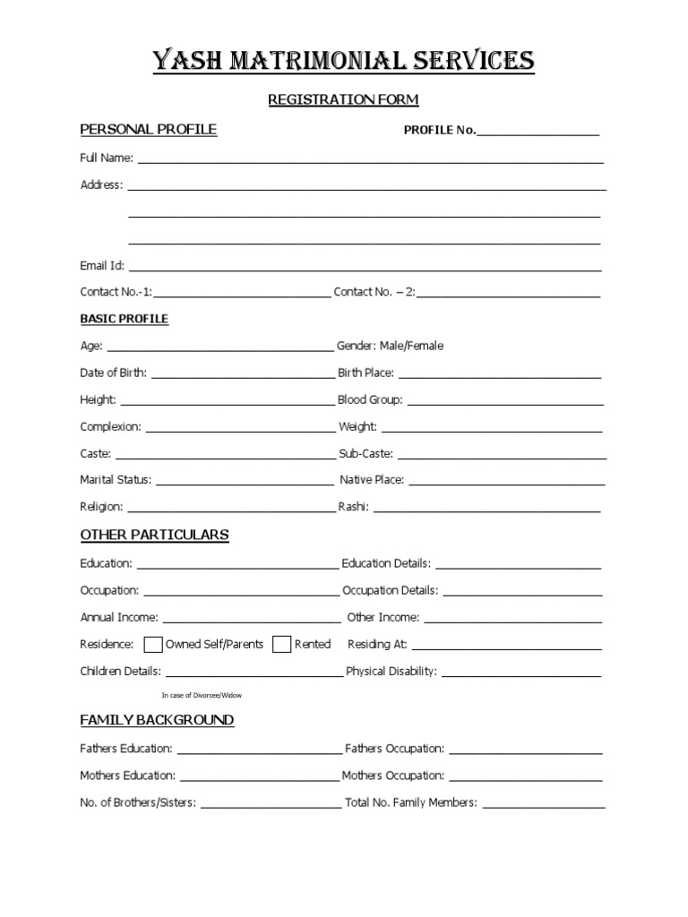 Yash Matrimonial Services: Registration Form Personal Profile | PDF ...