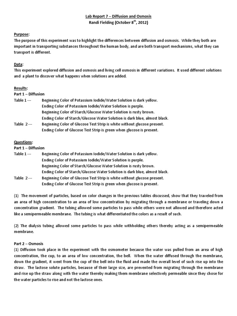 Lab 7 - Diffusion and Osmosis | PDF | Osmosis | Physical Sciences