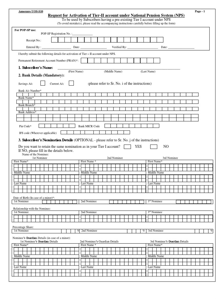 Form S10 For Subscribers Having A Tier I Account and PRAN Card SG T II ...