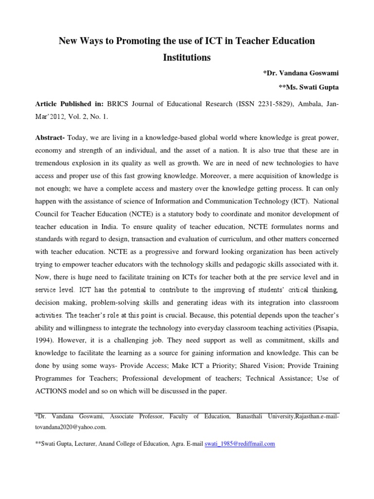 New Ways To Promoting The Use of ICT in Teacher Education Institutions ...