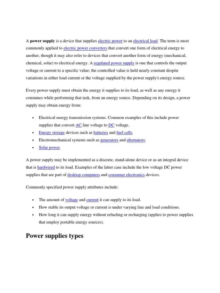 A Power Supply Is A Device That Supplies Electric Power To An ...