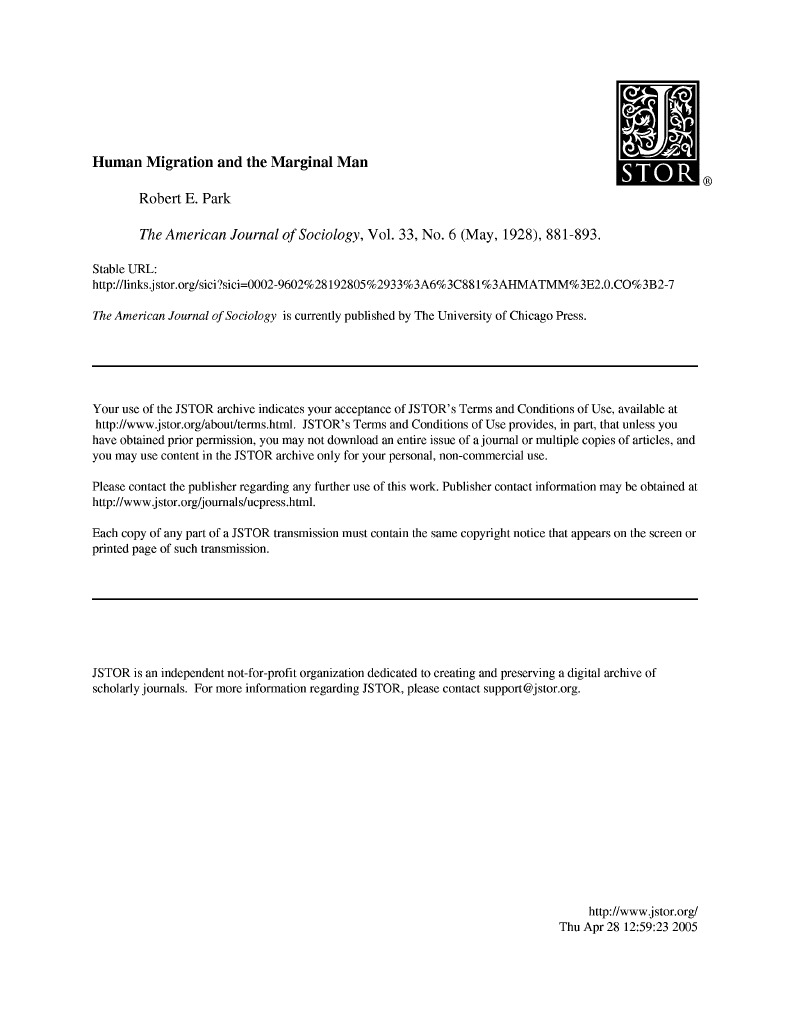 Human Migration and The Marginal Man - Robert E. Park | PDF | Foreign ...