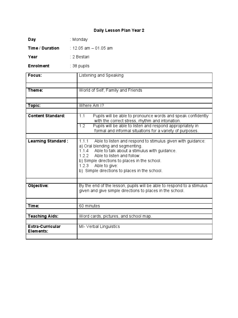 Daily Lesson Plan Year 2-Direction | PDF
