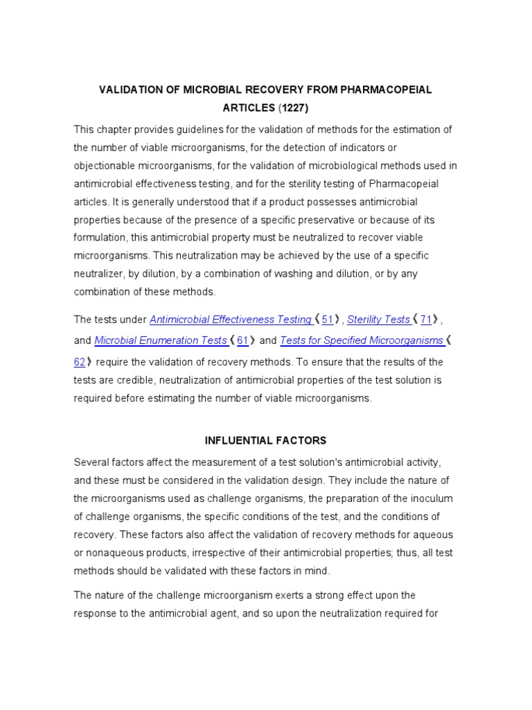 Validation of Microbial Recovery From Pharmacopeial Articles Epa | PDF ...