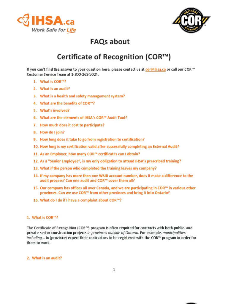 Certificate of Recognition (COR™) | PDF | Occupational Safety And ...